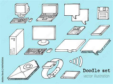Set Of Sketch Computers Doodle Pc Laptop Tablet Floppy Mail Chat Box Retro Computer Icon