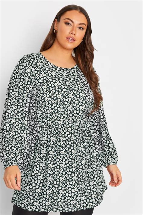 Curve Plus Size Black And White Floral Balloon Sleeve Shirred Waist