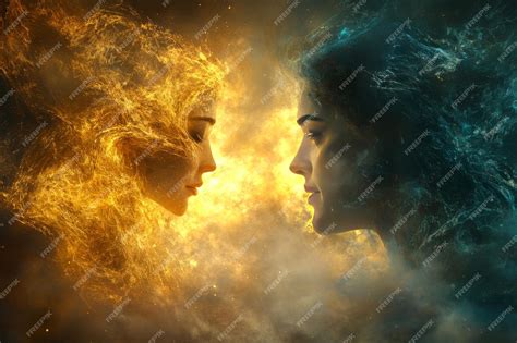 Neural Development Brain Puzzle Fiery And Glowing Faces Of Two Figures Facing Each Other