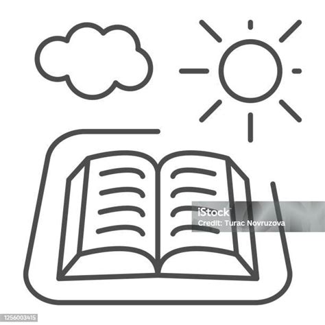 打開書籍與太陽和雲細線圖示 野餐概念 戶外閱讀標誌在白色背景 打開書圖標在大綱風格為移動概念和網頁設計向量圖形向量圖形及更多互聯網圖片