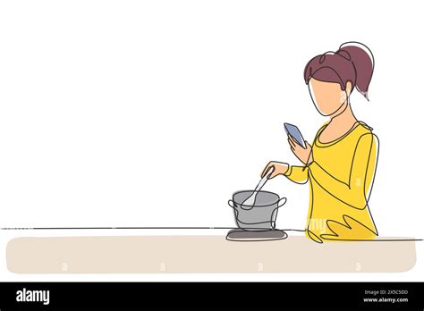 Single One Line Drawing Beautiful Wife Is Cooking While Looking At