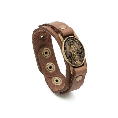 Pulseira Couro Marrom Medalha Nossa Senhora das Graças Nova Lumen