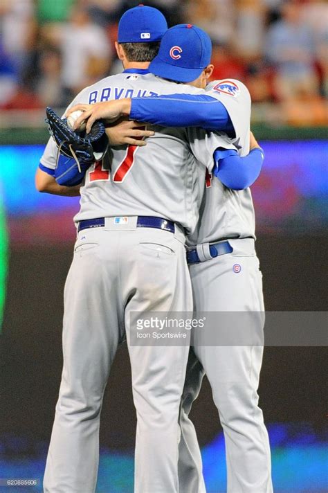 Chicago Cubs Third Baseman Kris Bryant Is Hugged By First Baseman Kris Bryant Chicago Cubs