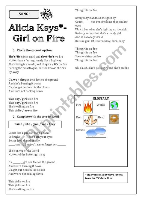 Girl On Fire Alicia Keys Song Activity Esl Worksheet By Rhib