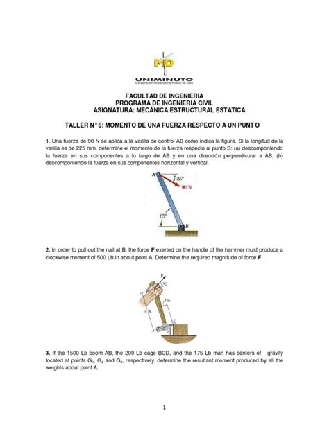 Taller 6 Momento De Una Fuerza Respecto A Un Punto Pdf Ingeniería