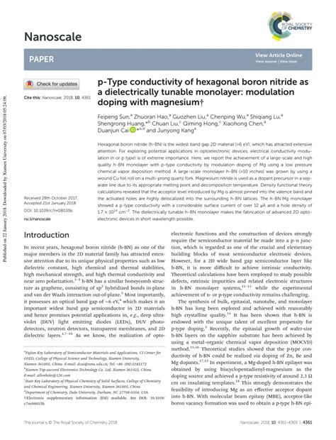 Pdf P Type Conductivity Of Hexagonal Boron Nitride As A Dielectrically Tunable Monolayer