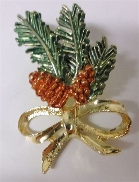 Vintage Signed Gerry S Enamel Gold Tone Christmas Tree Branch Ornate