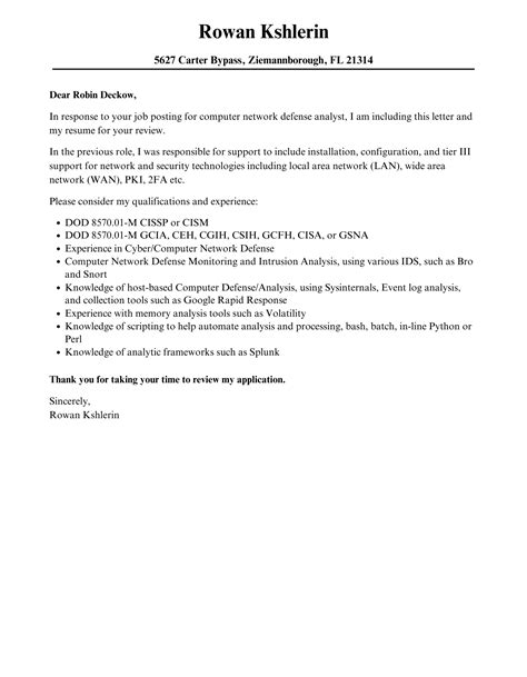 Computer Network Defense Analyst Cover Letter Velvet Jobs