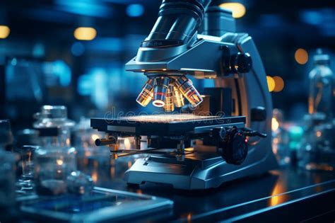 Laboratory Microscopes Metal Lens Captured In Close Up Shot Scientific