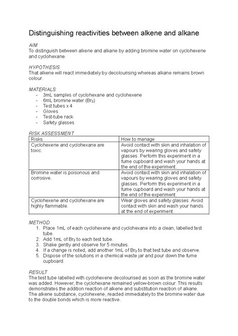 Prac Bromine Water Test Distinguishing Reactivities Between Alkene
