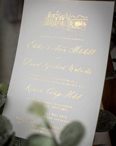 Gold Foil Wedding Card With Custom Venue Sketch