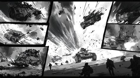 Black And White Storyboard Sketch Of Military Tank Battle Scene Stock