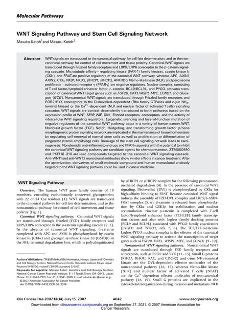 Wnt Signaling Pathway And Stem Cell Signaling Network Masuko Katoh1and
