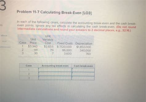 Solved Problem 11 7 Calculating Break Even [lo3] In Each Of