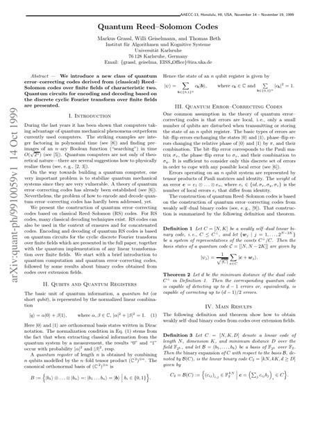 pdf quantum reed solomon codes