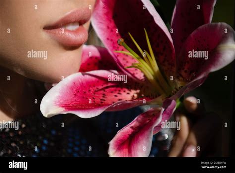 Beauty Young Woman Lips Woman Lips With Day Lily Oriental Hybrids