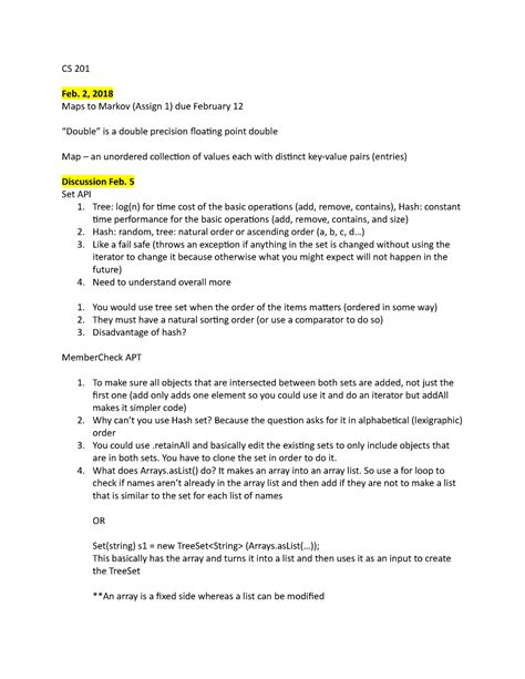 Cs 201 Notes Cs 201 Feb 2 2018 Maps To Markov Assign 1 Due