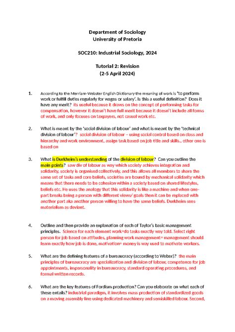 Tutorial 2 Department Of Sociology University Of Pretoria SOC210