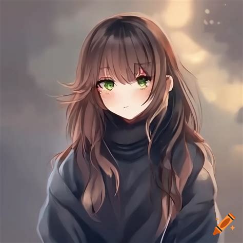 Anime Girl Long Messy Brown Hair All Black Clothes Cute Fantasy Short Beautiful Face Shy