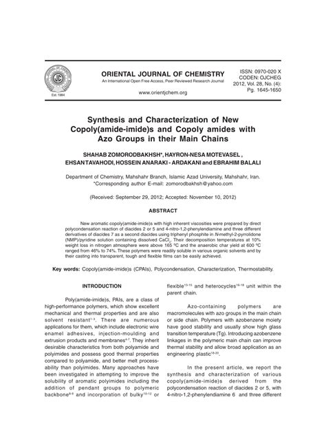 Pdf Synthesis And Characterization Of New Copolyamide Imides And Copoly Amides With Azo