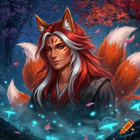 A Male Kitsune With Red And White Hair Fox Ears And Multiple Tails