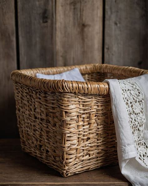 A Woven Rectangular Basket Sitting On A Wooden Surface Against A Rustic Wooden Background Stock
