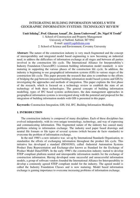 Pdf Integrating Building Information Models With Geographic Information Systems Technology Review