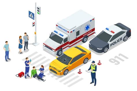 Isometric Car Crash A Yellow Car Involved In An Accident At A