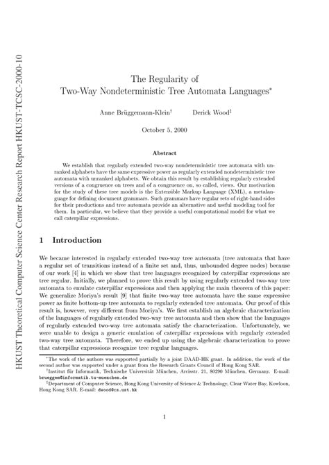 Pdf The Regularity Of Two Way Nondeterministic Tree Automata Languages