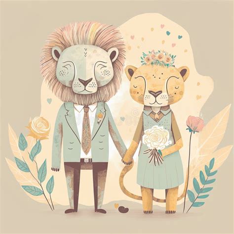 Lion Bride And Groom Lovely Wedding Couple Just Married Stock