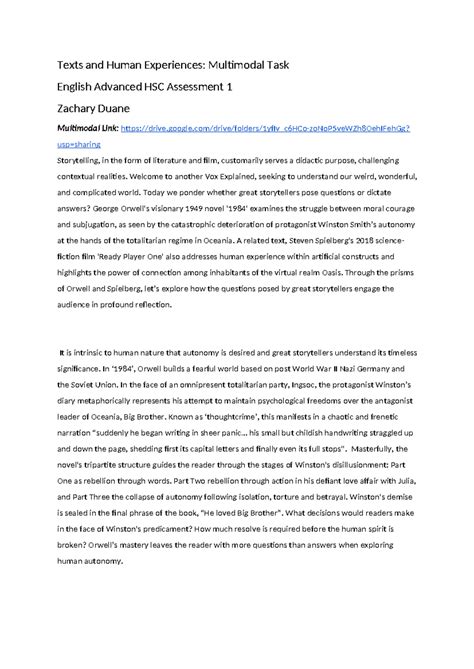 Final Multimodal English Assessment 1 Texts And Human Experiences