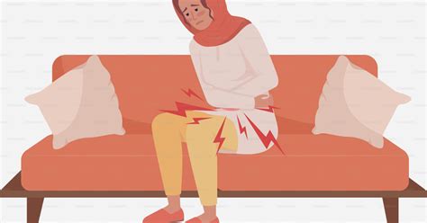 고통스러운 기간을 가진 젊은 여자는 반 평면 컬러 벡터 문자입니다 편집 가능한 그림입니다 흰색에 전신 사람 월경통 웹 그래픽 디자인 및 애니메이션을 위한 간단한 만화