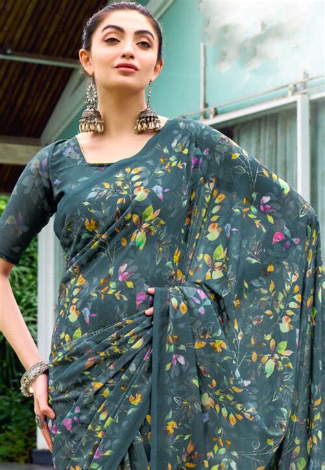 Buy Digital Printed Georgette Saree In Dusty Green Online Ssf25160