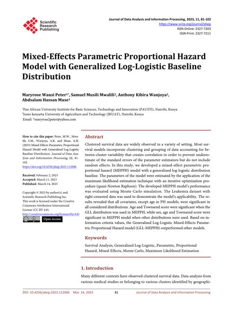 PDF Mixed Effects Parametric Proportional Hazard Model With Generalized Log Logistic Baseline
