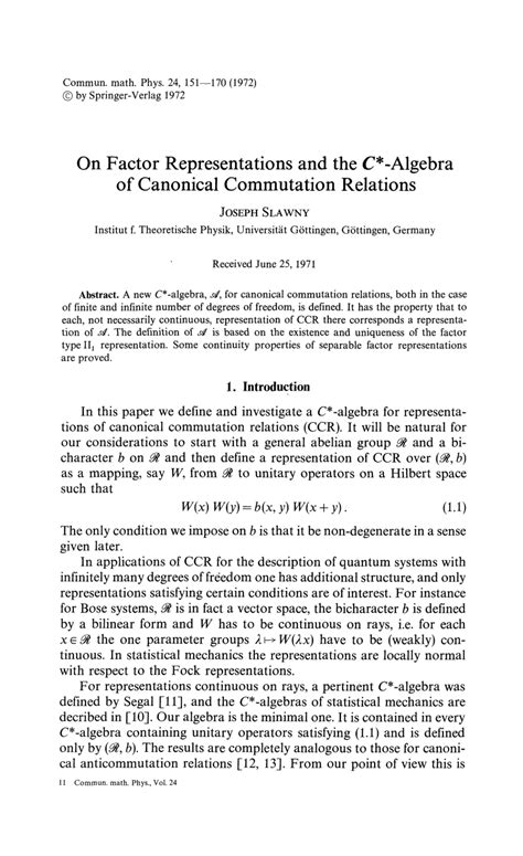 Pdf On Factor Representations And Thec Algebra Of Canonical Commutation Relations