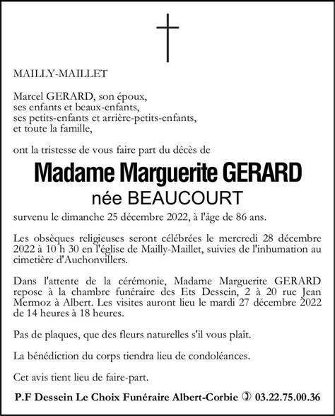 Madame Marguerite Gerard Née Beaucourt Pompes Funèbres Dessein