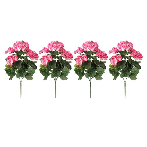 Set Of 4 Artificial Red Geranium Flowers With Green Leaves Realistic