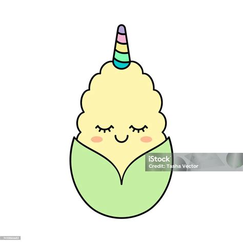 Kawaii Corn Pun Unicorn Smiling Cute Maize Smiling With Rainbow Horn