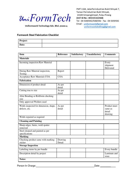 Formwork Steel Fabrication Checklist Pdf Metal Fabrication