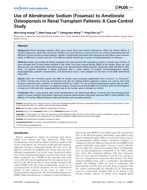 PDF Use Of Alendronate Sodium Fosamax To Ameliorate Osteoporosis In Renal Transplant