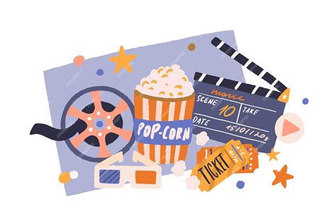 복고 스타일의 시네마 아이템 영화 티켓 영화 클래퍼보드 팝콘 양동이 빈티지 릴 3d 안경 구성 영화산업 컬러 평면
