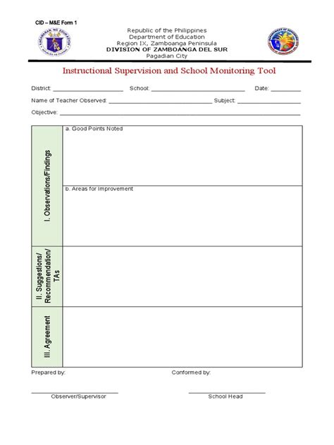 Cid Form 1 Monthly Instructional Supervision And School Monitoring Report 1 Pdf