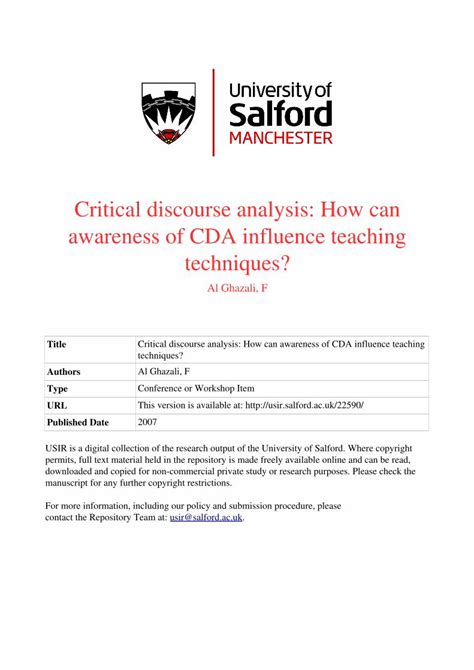 Pdf Critical Discourse Analysis How Can Awareness Of Cda Usirsalfordacuk225901