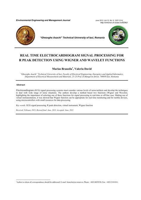 Pdf Real Time Electrocardiogram Signal Processing For R Peak
