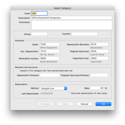 The Asset Category Window