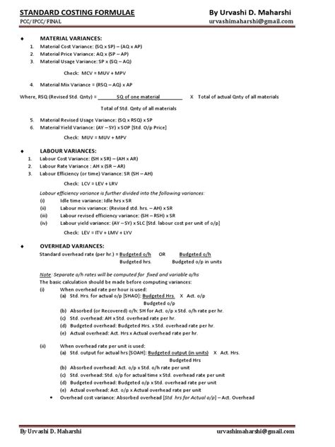 Standard Costing Formula Variance Human Resource Management