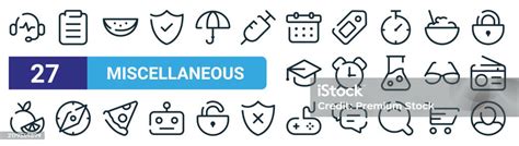 헤드폰 클립 보드 수박 태그 시계 나침반 게임 패드 웹 디자인 모바일 앱을위한 사용자 벡터 얇은 선 아이콘과 같은 27 개의 개요 웹 기타 아이콘 세트 0명에 대한 스톡