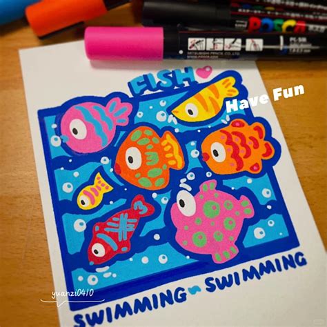 丙烯马克笔小画：鱼儿们 花瓣网