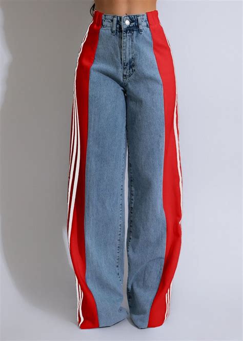 Chill Day Wide Leg Denim Jeans L Blue Denim Red Trousers Women