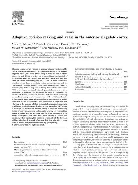 Pdf Adaptive Decision Making And Value In The Anterior Cingulate